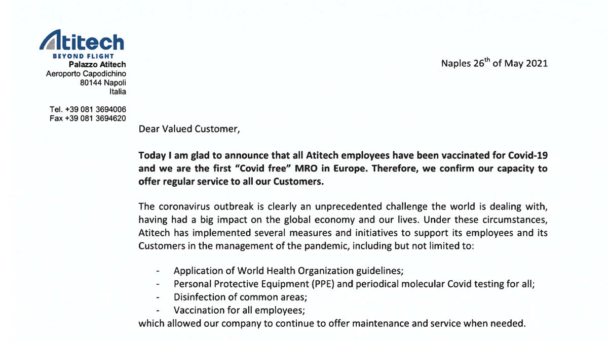 Atitech the first "Covid free" MRO in Europe - Atitech
